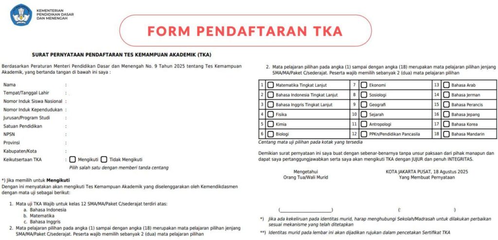 Link Unduh Form Pendaftaran TKA 2025 SMA/SMK PDF, Jadwal Lengkap, dan ...